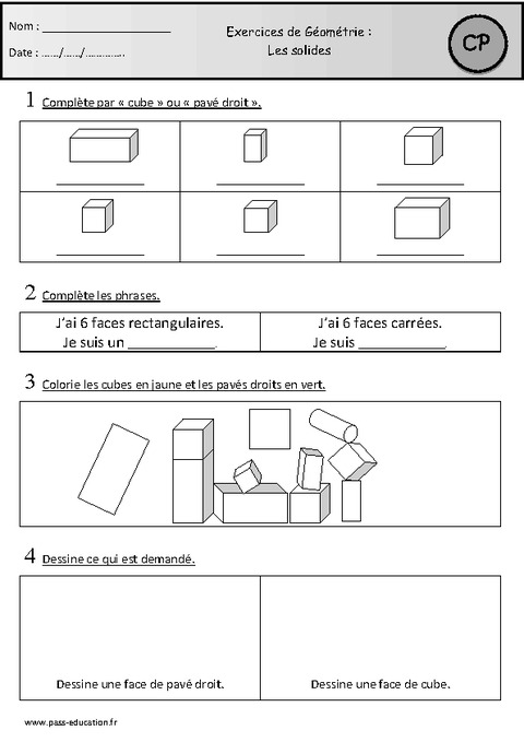 Exercices - Solides – Cp – Géométrie - Cycle 2 - Pass Education