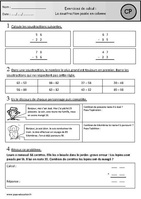 Exercices - Soustraction posée en colonnes – Cp – Calcul – Cycle 2 ...