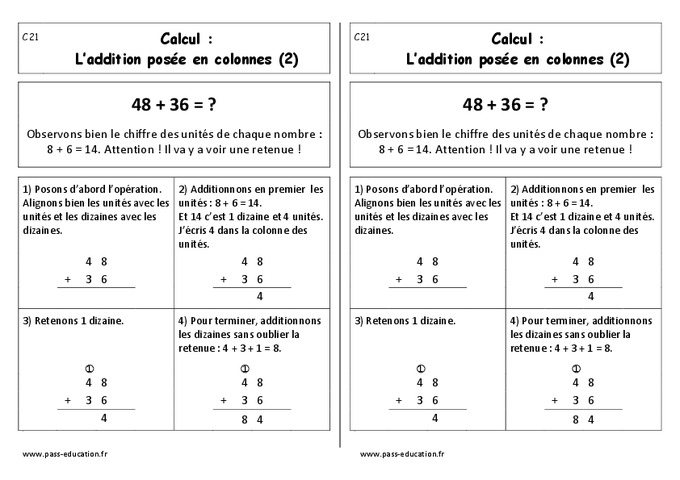 Addition posée en colonnes avec retenue - Cp - Leçon - Pass Education