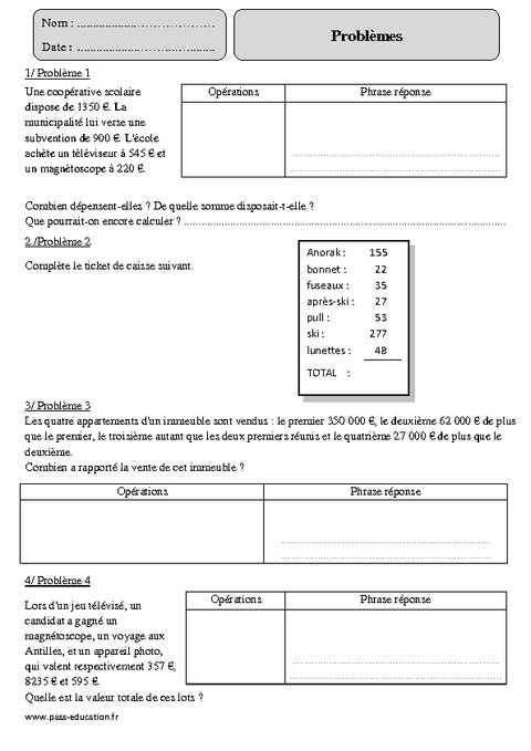 Additifs – Problèmes – Cm2 – Exercices à imprimer - Pass Education