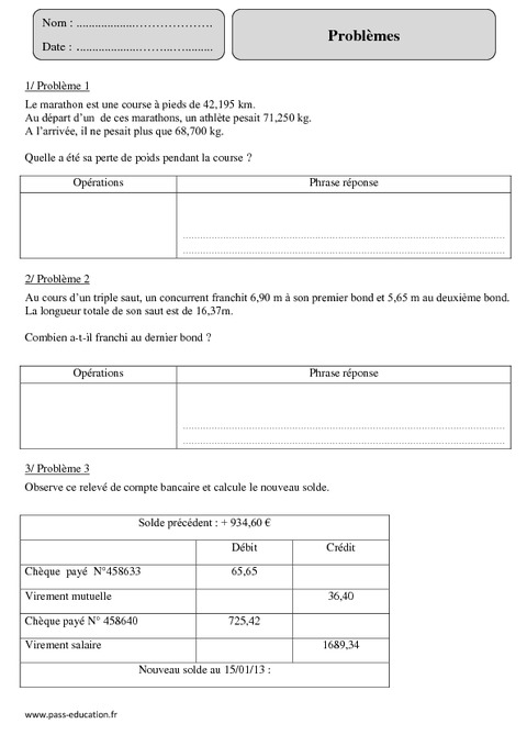 Addition et Soustraction de décimaux - Problèmes – Cm2 – Révisions avec ...