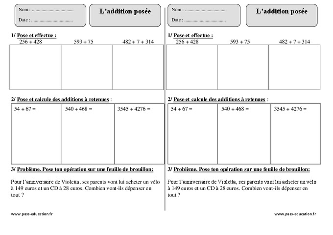 Addition posée – Ce2 – Exercice avec correction - Pass Education
