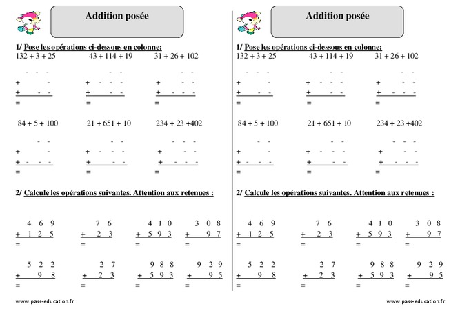 Addition posée - Ce1 - Exercices à imprimer - Pass Education