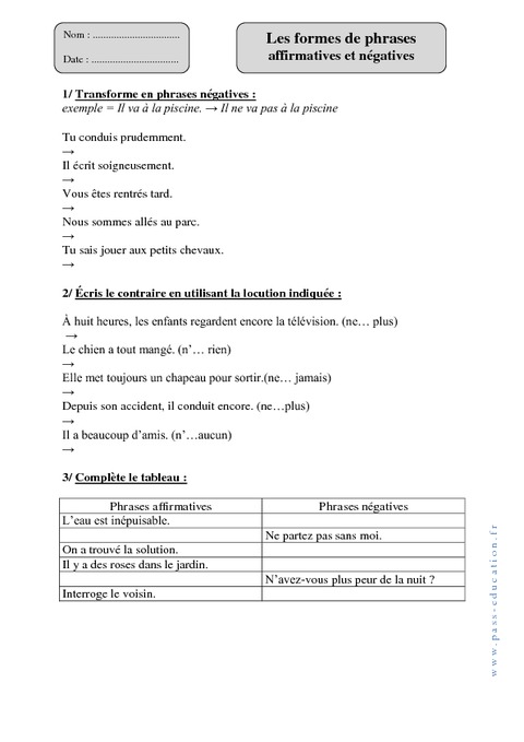 Affirmatives - Négatives – Formes de phrases - Cm1 – Exercices avec ...