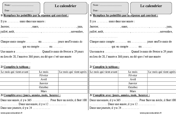 Calendrier – Ce1 – Exercices à imprimer - Pass Education
