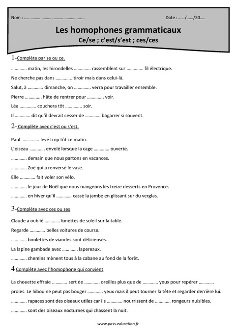 Ce - se ; c’est - s’est ; ces - ces - Homophones grammaticaux - Cm1 ...