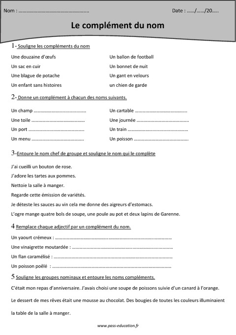 Complément du nom - Groupe nominal - Exercices - Cm1 - Pass Education