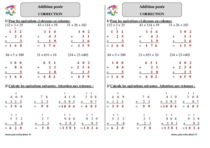 Addition posée - Ce1 - Exercices à imprimer - Pass Education
