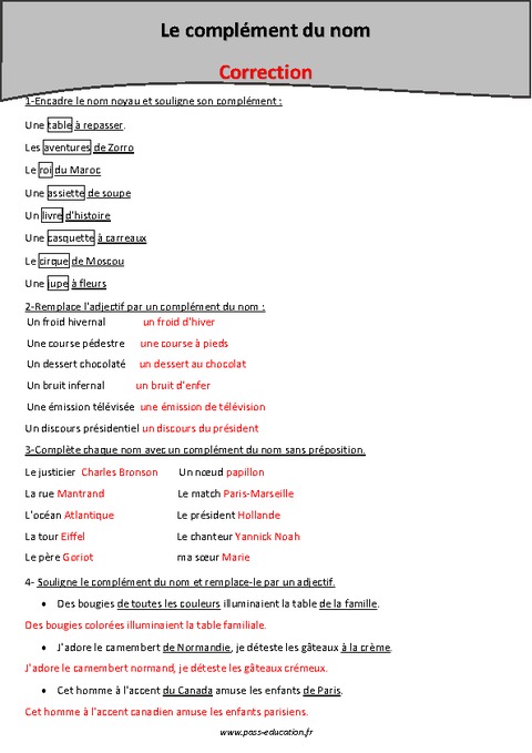 Complément du nom – Nom noyau - Cm2 – Fiche d’exercices - Pass Education