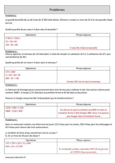 Contenances – Capacités – Cm1 – Problèmes – Exercices à imprimer - Pass ...