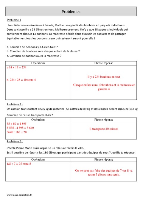 Divisions – Cm1 – Problèmes – Exercices à imprimer - Pass Education