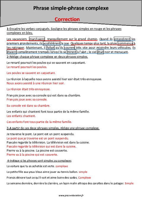 Exercices avec correction – Phrase simple - Phrase complexe – Cm2 ...