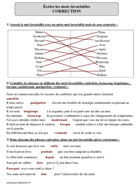 Mots invariables – Cm1 – Exercices avec correction - Pass Education