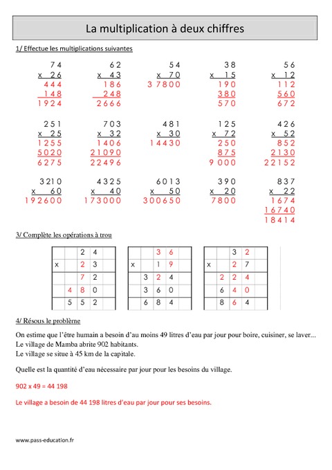 Multiplication à 2 chiffres – Cm1 – Révisions à imprimer - Pass Education