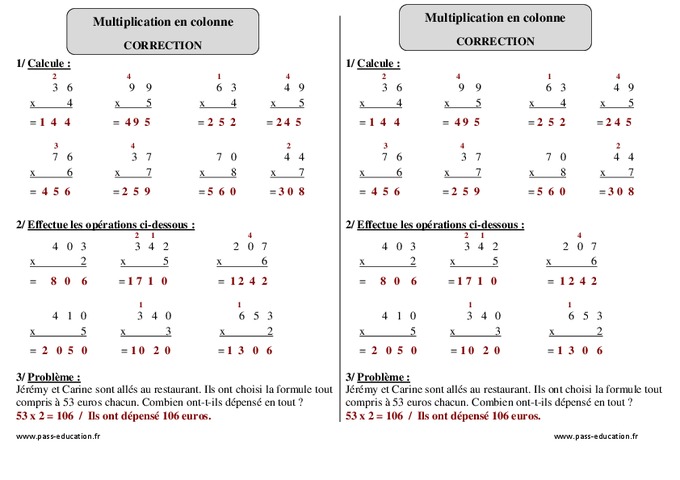 Multiplication en colonne – Ce1 – Exercices avec correction - Pass ...