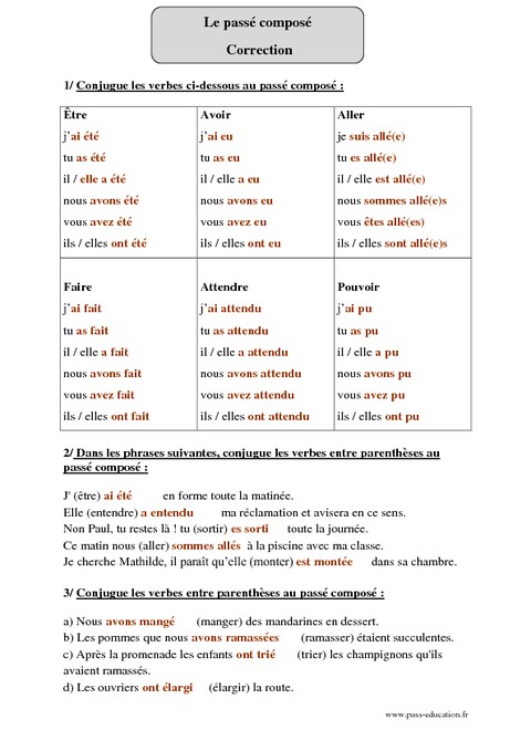Passé composé – Cm1 – Révisions avec correction - Pass Education