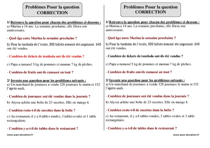 Poser la question – Ce2 – Problèmes à imprimer - Pass Education