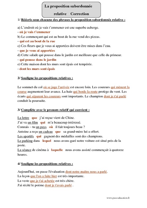 Proposition subordonnée relative – Cm1 – Exercices à imprimer - Pass ...