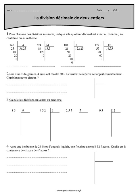 Division décimale de deux entiers - Cm1 - Exercices à imprimer - Pass ...