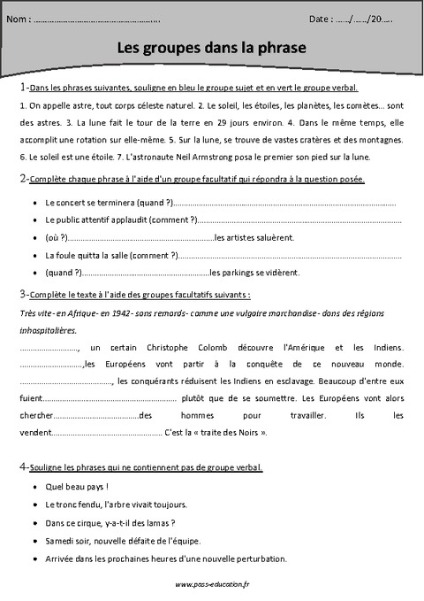 Exercices avec correction – Groupes dans la phrase – Cm2 - Pass Education