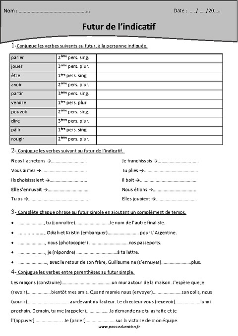 Futur simple - Cm2 - Exercices avec correction - Pass Education