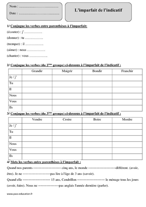 Imparfait – Cm1 – Révisions à imprimer - Pass Education