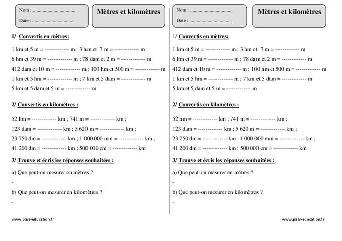Mètres - Kilomètres - Ce2 - Exercices avec correction - Pass Education