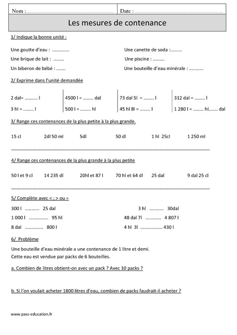 Mesures de contenance – Cm1 – Révisions avec correction - Pass Education