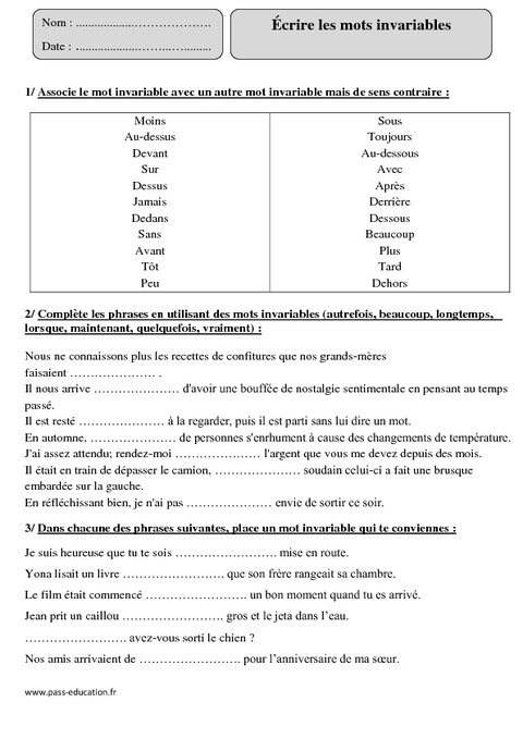 Mots invariables – Cm1 – Exercices avec correction - Pass Education