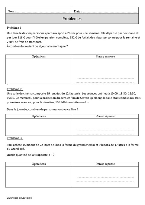 Multiplicatifs – Problèmes – Cm1 – Révisions à imprimer - Pass Education