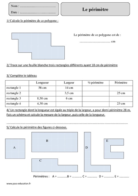 Périmètre du rectangle – Cm2 – Révisions à imprimer - Pass Education
