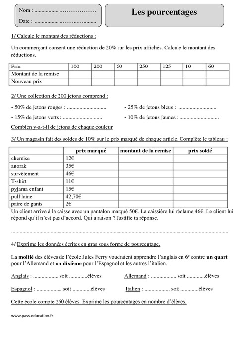 Pourcentages - Proportionnalité – Cm2 – Exercices avec correction ...