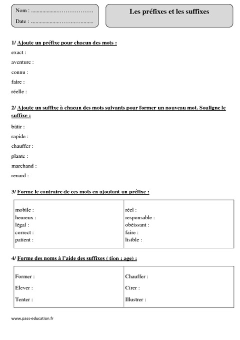Préfixes - Suffixes – Cm1 – Exercices avec correction - Pass Education