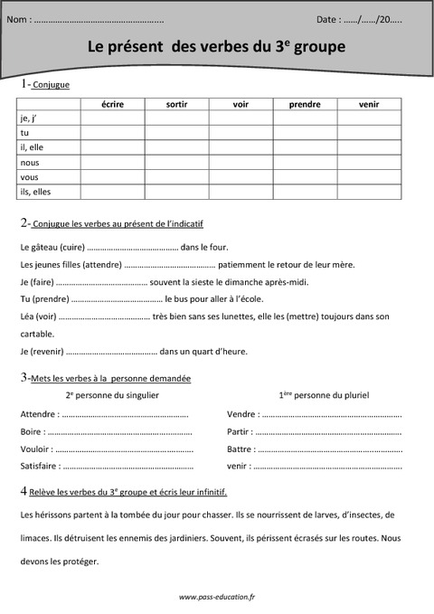 Présent des verbes du 3ème groupe - Cm1 - Exercices avec correction ...