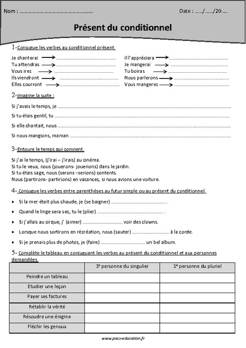 Présent du conditionnel - Cm2 - Fiche d'exercices - Pass Education