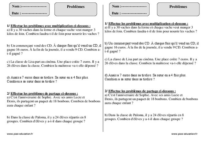 Problèmes – Ce1 – Exercices à imprimer - Pass Education