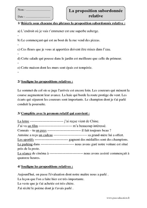 Proposition subordonnée relative – Cm1 – Exercices à imprimer - Pass ...