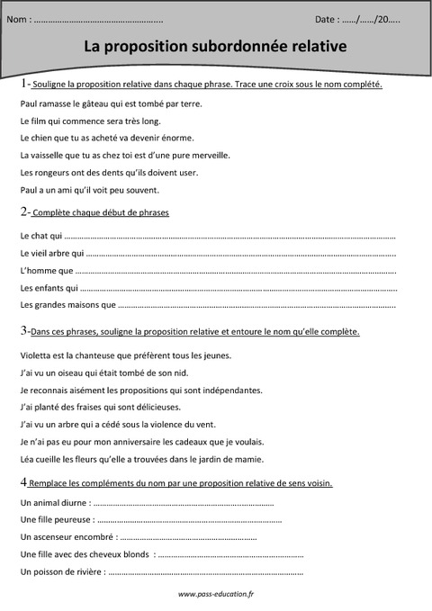 Proposition relative - Cm1 - Exercices avec correction - Pass Education