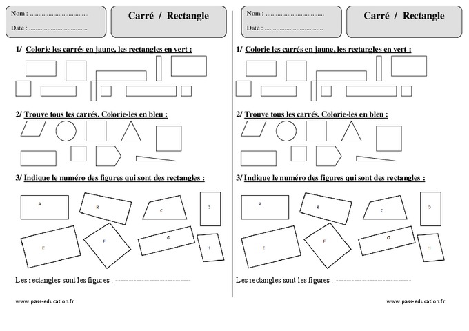 Rectangle – Carré - Ce1 – Exercices à imprimer - Pass Education