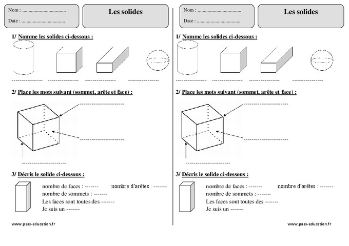 Solides - Ce1 - Exercices à imprimer - Pass Education
