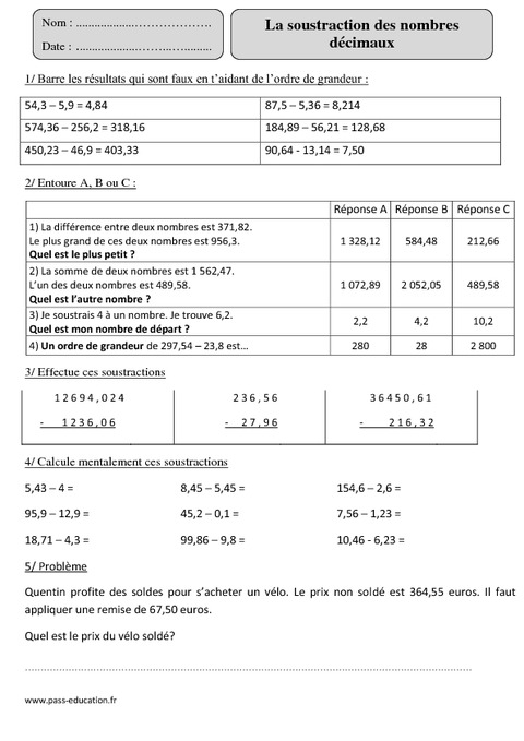 Soustraction des nombres décimaux – Cm2 – Exercices avec correction ...