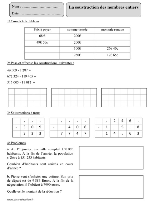 Soustraction des nombres entiers – Cm2 – Révisions à imprimer - Pass ...