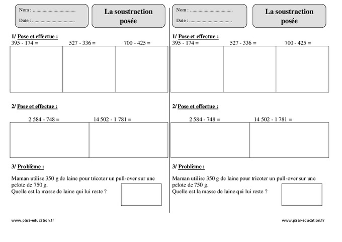 Soustraction posée – Ce2 – Exercices avec correction - Pass Education