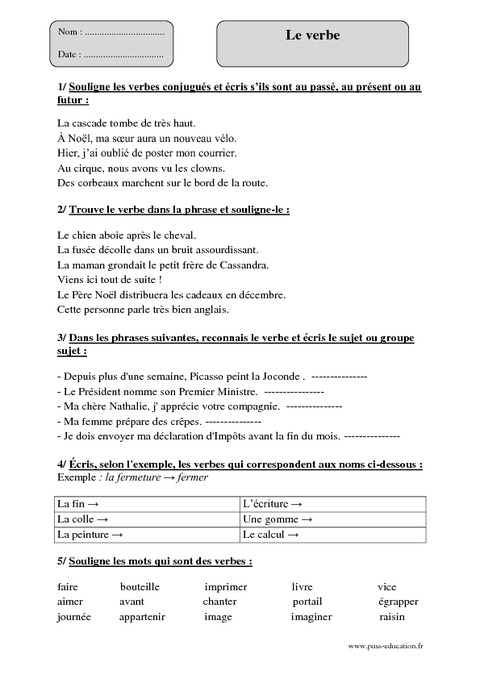 Verbe - Cm1 - Exercices avec correction - Pass Education