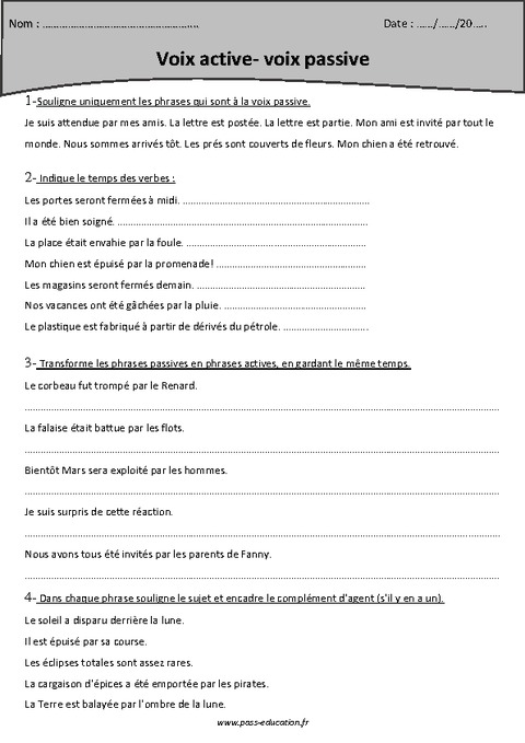Voix passive – voix active cm2 – Exercices à imprimer - Pass Education