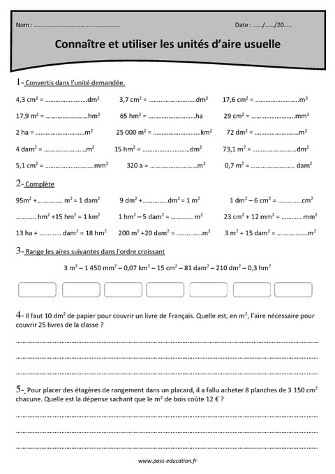 Connaître et utiliser les unités d’aire usuelle - Cm2 - Exercices ...