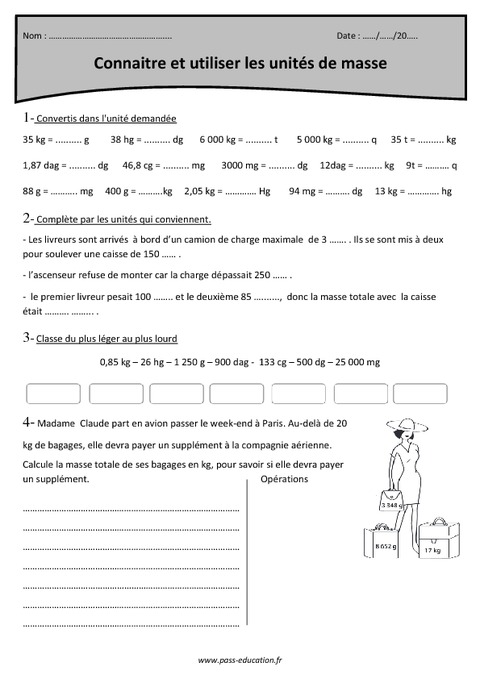 Connaître et utiliser les unités de masse - Cm2 - Exercices avec ...