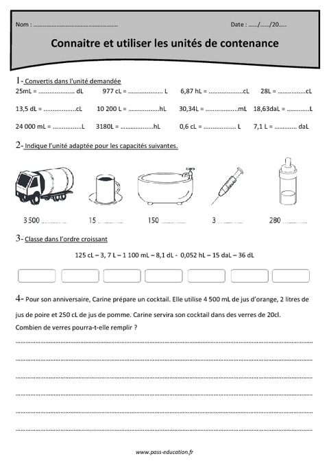 Connaitre et utiliser les unités de contenance - Cm2 - Exercices ...