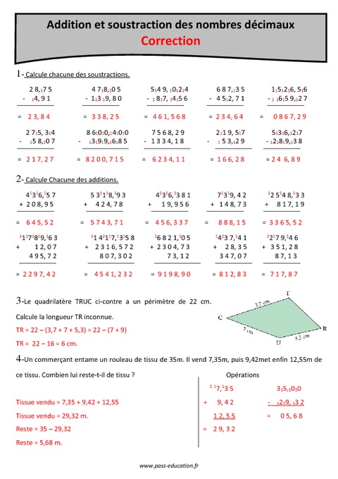 Addition et soustraction des nombres décimaux - Cm2 - Exercices ...