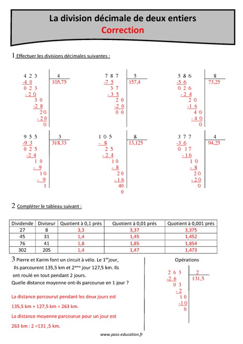 Division décimale de deux entiers - Cm2 - Exercices à imprimer - Pass ...
